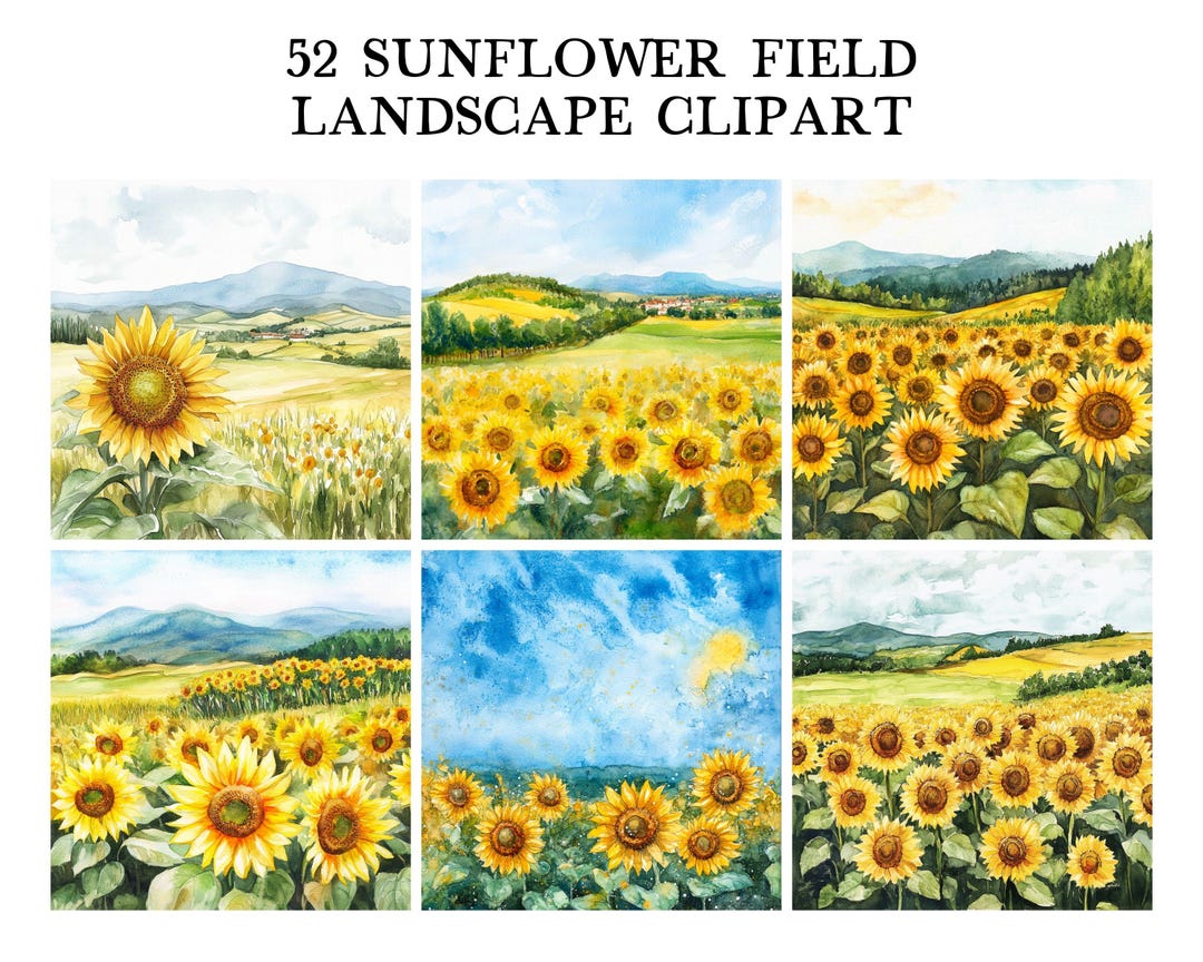 Watercolor Sunflower Field Landscape Clipart, Png Bundle, Clip Art ...