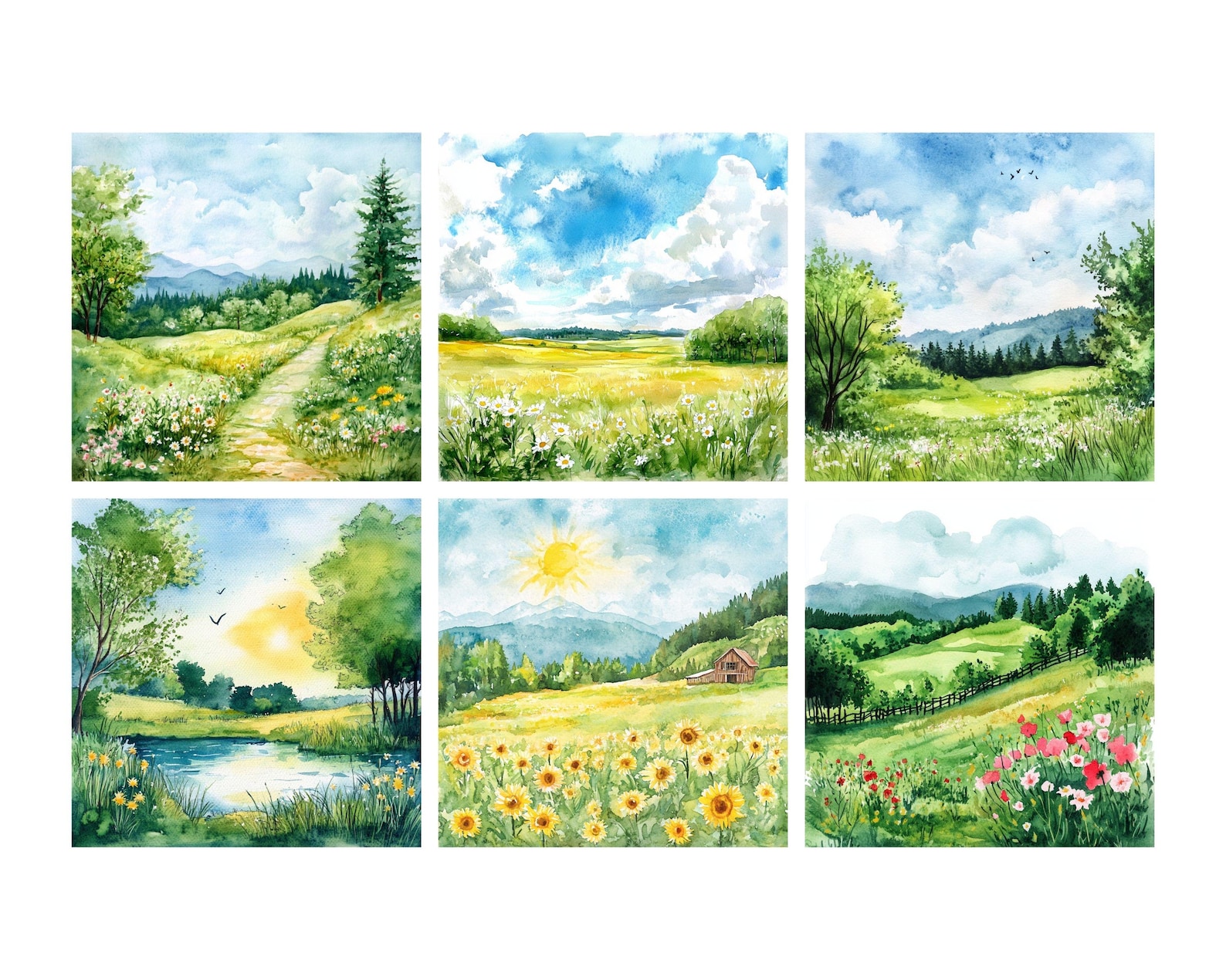 Watercolor Summer Landscape Clipart Bundle, Summer Landscape Png ...