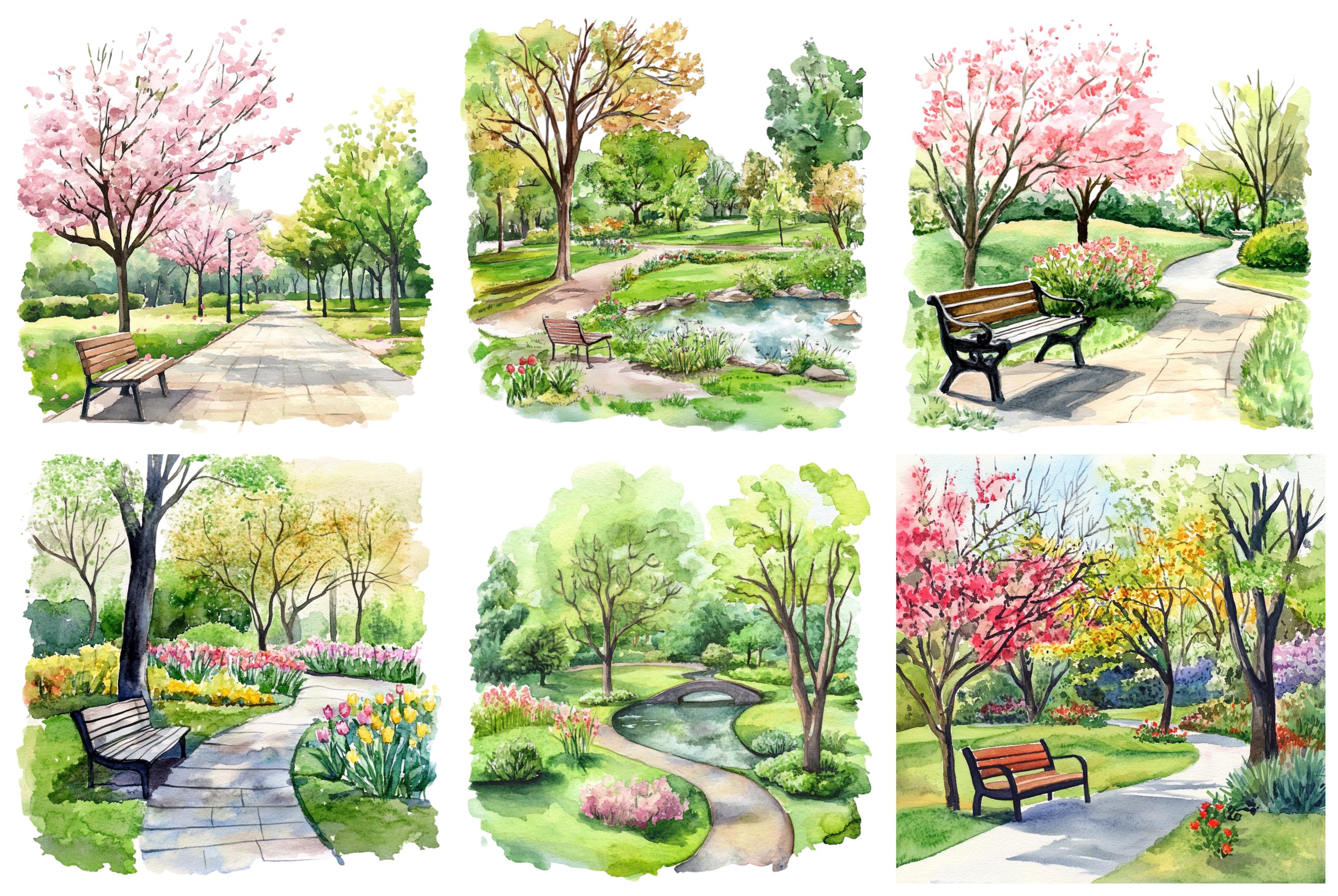 Watercolor Spring Park Clipart, Png Bundle, Clip Art, Illustration ...