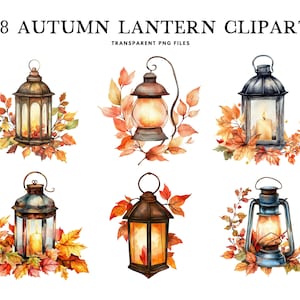 Watercolor Autumn Lantern Clipart, Png Bundle, Clip Art Illustration ...