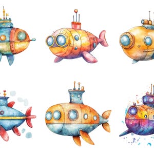 Watercolor Cartoon Submarine Clipart, Png Bundle, Submarine Clip Art ...