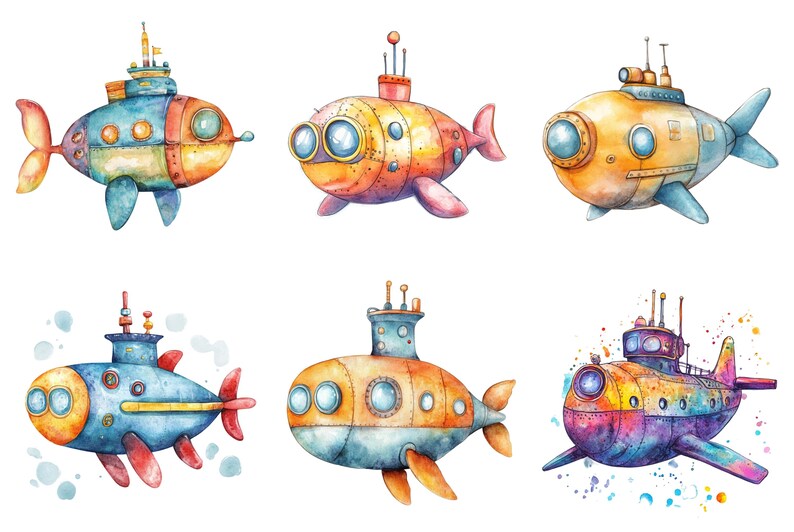 Watercolor Cartoon Submarine Clipart, Png Bundle, Submarine Clip Art ...