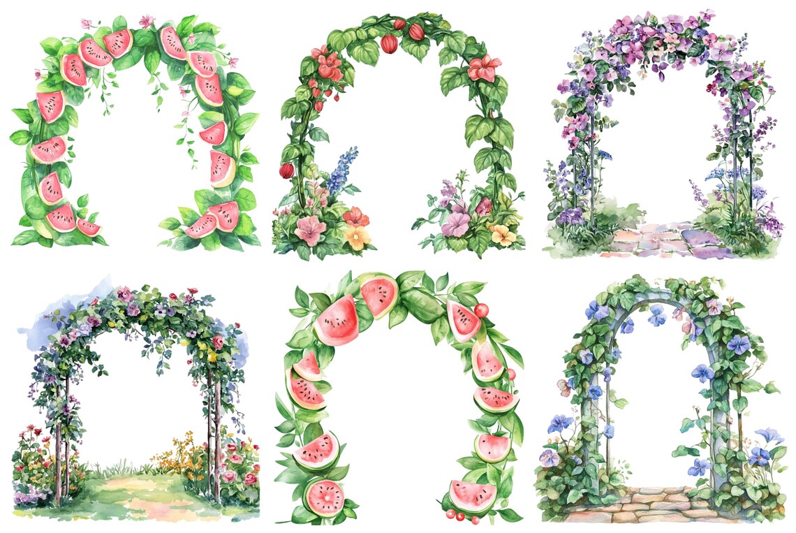 Watercolor Summer Arch Clipart, Png Bundle, Clip Art Illustration ...
