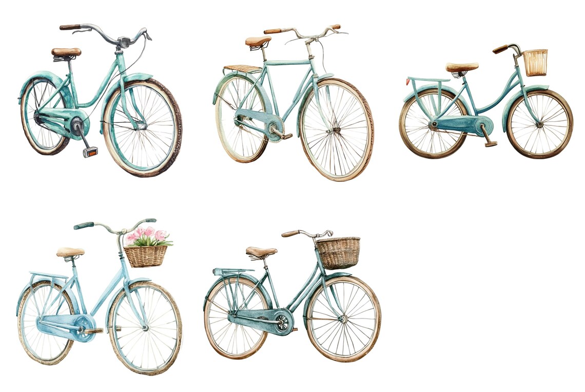 Watercolor Retro Bicycle Clipart, Png Bundle, Vintage Clip Art, Antique ...
