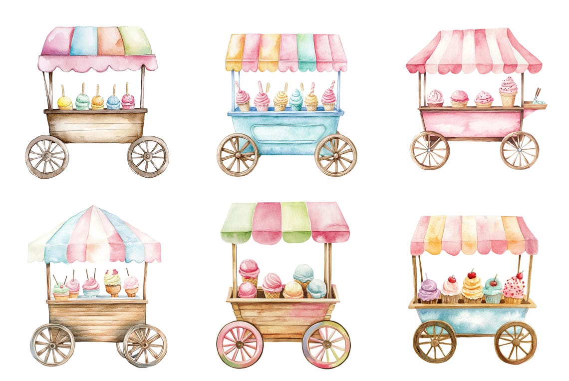 Watercolor Ice Cream Cart Clipart Bundle, Ice Cream Cart Png, Clip Art ...