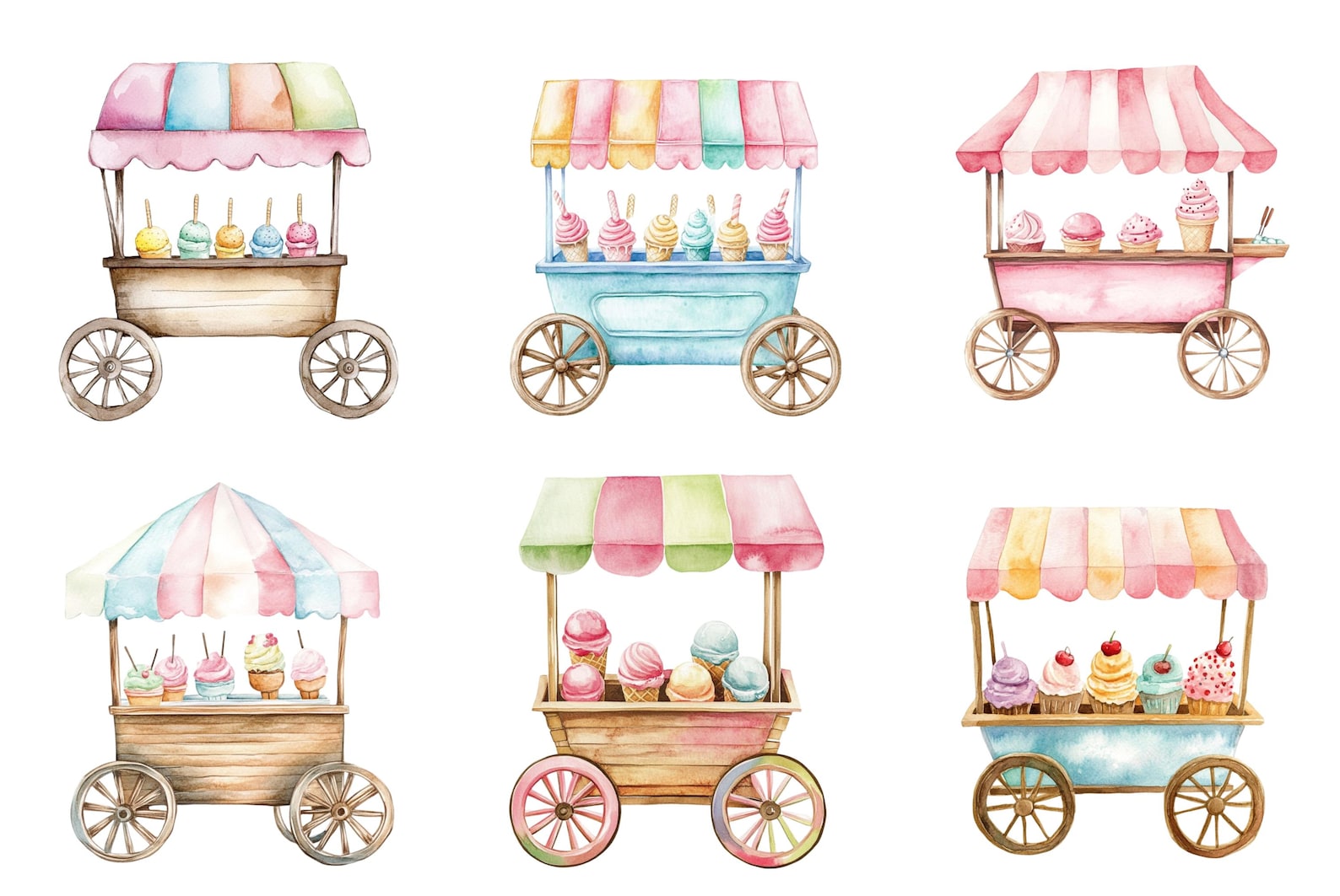Watercolor Ice Cream Cart Clipart Bundle, Ice Cream Cart Png, Clip Art ...