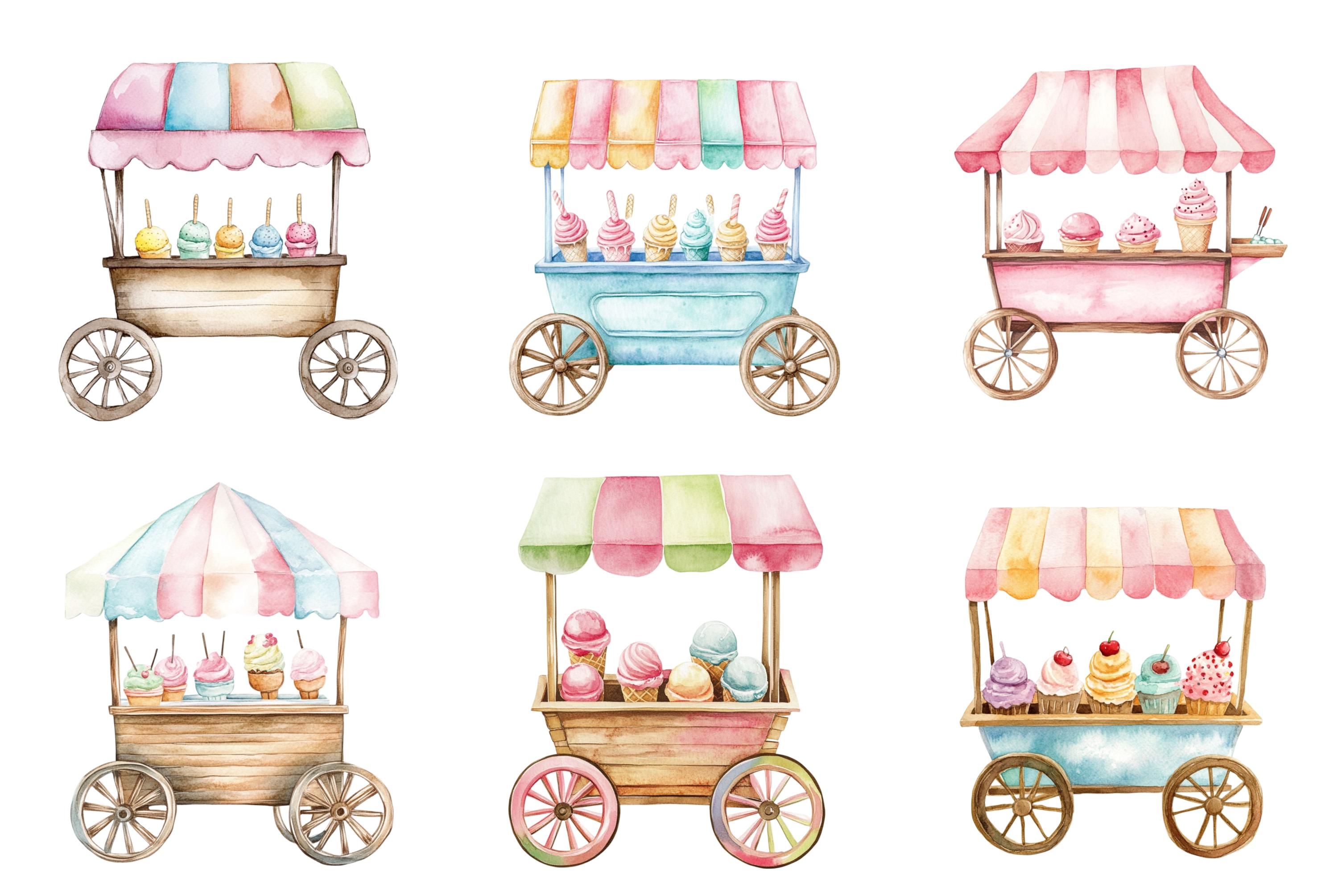 Watercolor Ice Cream Cart Clipart Bundle, Ice Cream Cart Png, Clip Art ...