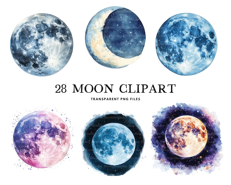 Watercolor Moon Clipart Bundle, Moon Png, Celestial Clip Art, Lunar ...