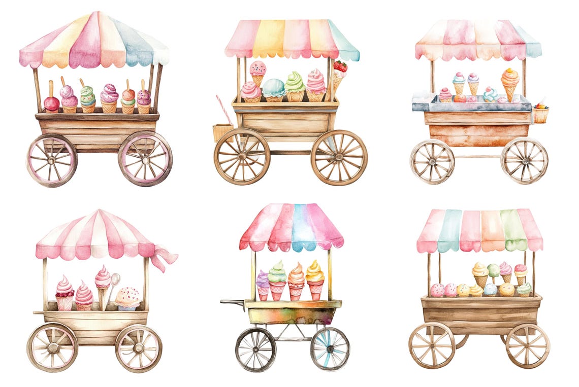 Watercolor Ice Cream Cart Clipart Bundle, Ice Cream Cart Png, Clip Art ...