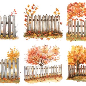 Watercolor Autumn Fence Clipart, Png Bundle, Clip Art, Fall ...