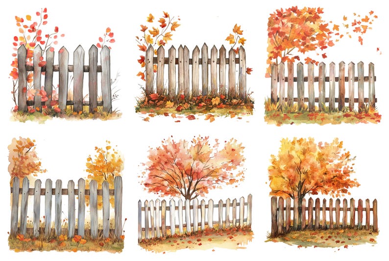 Watercolor Autumn Fence Clipart, Png Bundle, Clip Art, Fall ...