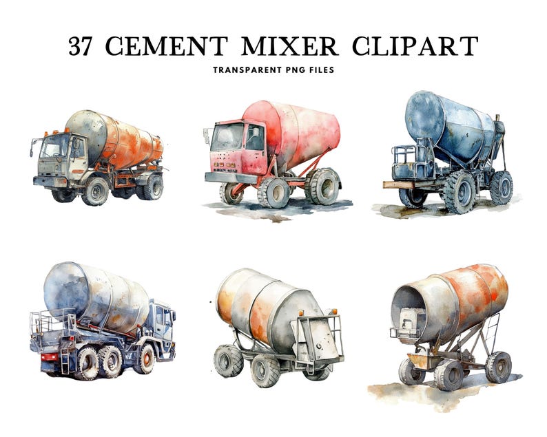 Watercolor Cement Mixer Clipart Bundle, Cement Mixer Png, Construction ...