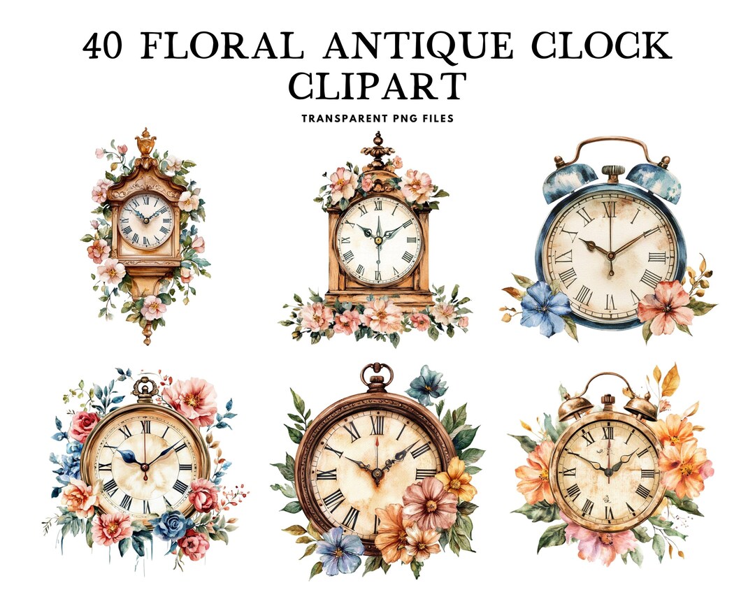 Watercolor Antique Clock With Flower Clipart Bundle, Antique Clock With ...