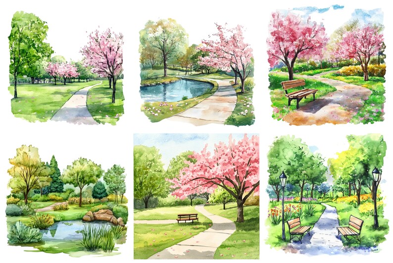 Watercolor Spring Park Clipart, Png Bundle, Clip Art, Illustration ...