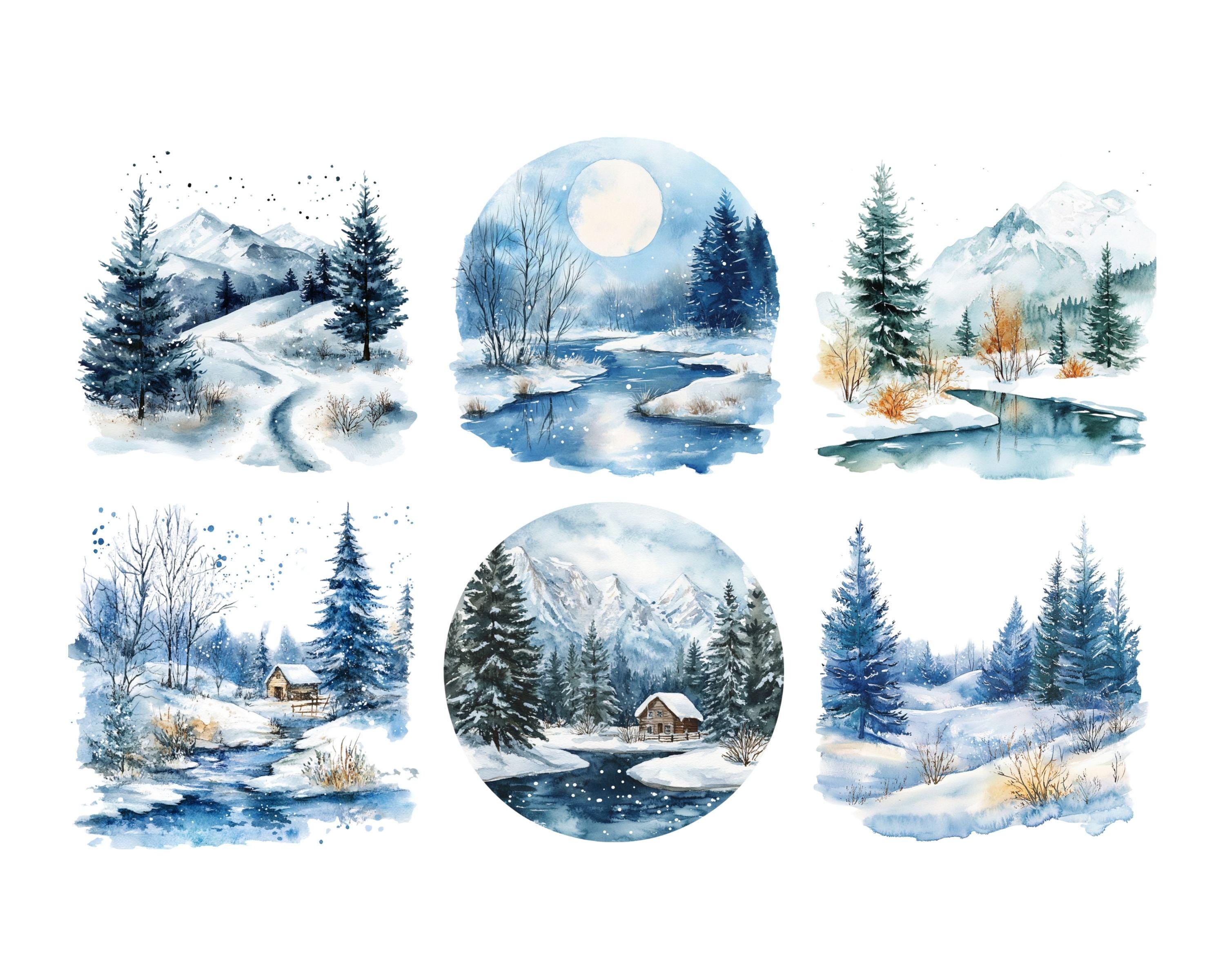 Watercolor Winter Landscape Clipart Bundle, Winter Png, Winter Clip Art ...