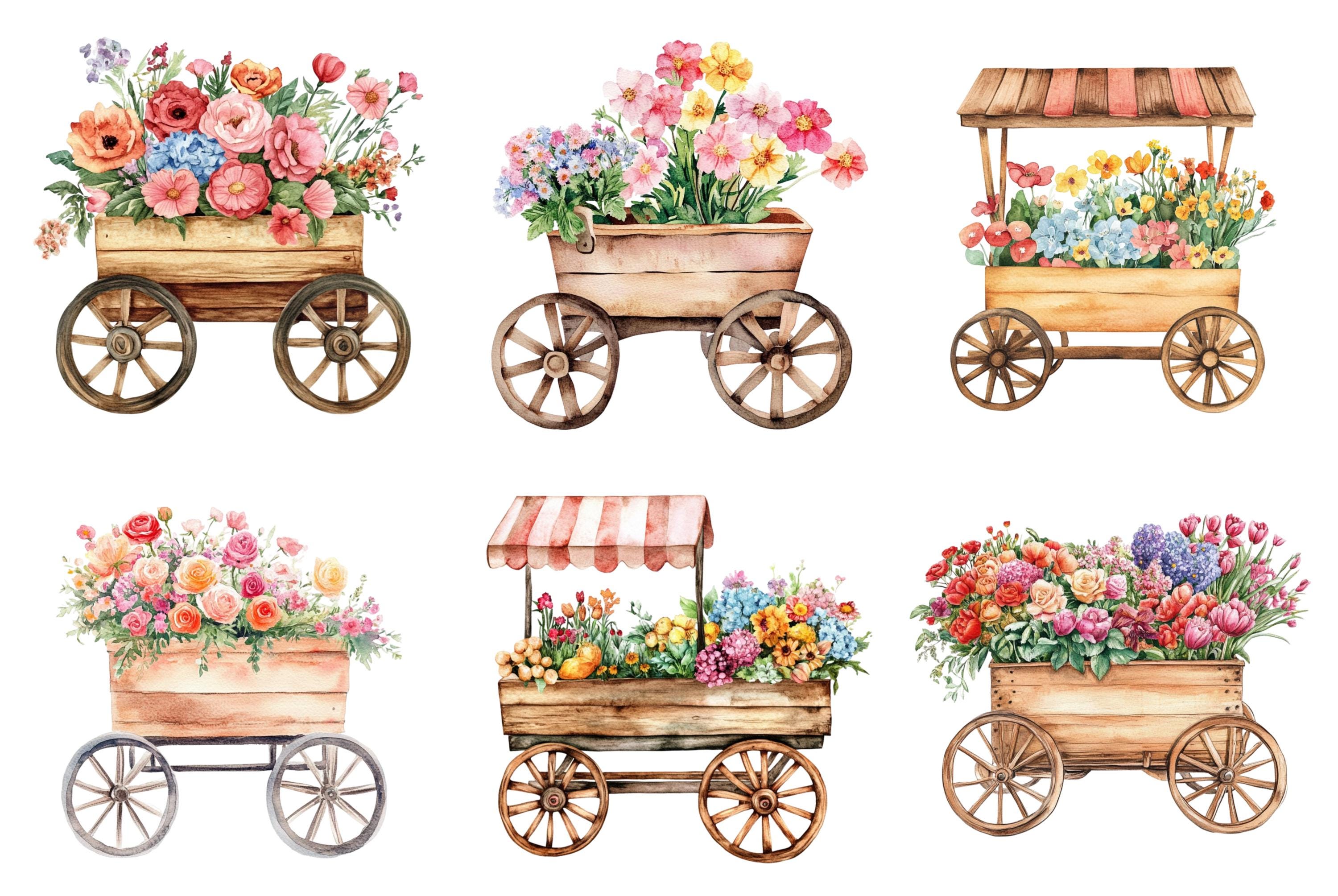 Watercolor Floral Cart Clipart, Png Bundle, Flower Clip Art ...