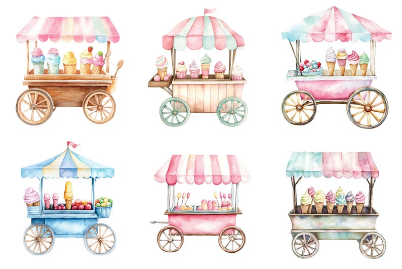 Watercolor Ice Cream Cart Clipart Bundle, Ice Cream Cart Png, Clip Art ...