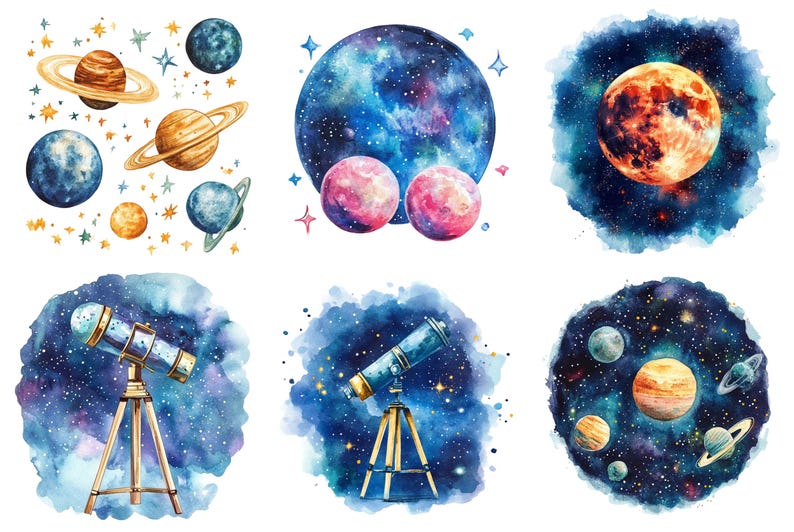 Watercolor Astronomy Clipart, Astronomy Png Bundle, Space Clip Art ...