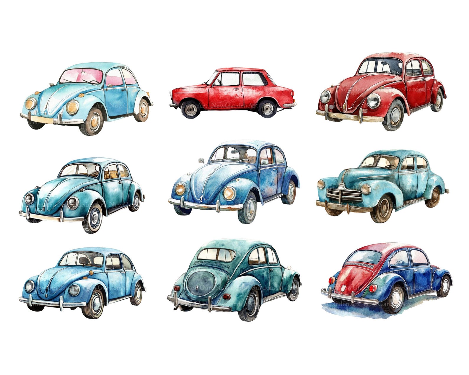 Watercolor Car Clipart Bundle, Car Png, Vintage Car Clip Art, Retro Car ...