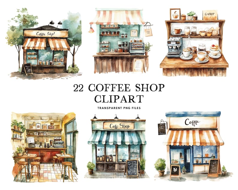 Watercolor Coffee Shop Clipart Bundle, Coffee Shop Png, Cafe Clip Art ...