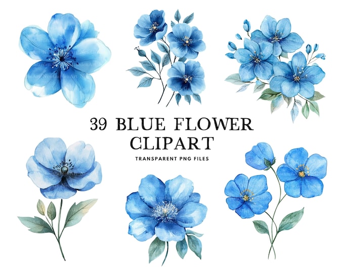 Teal Blue Flower PNG, Watercolor Blue Floral Clipart Bundle, Winter ...