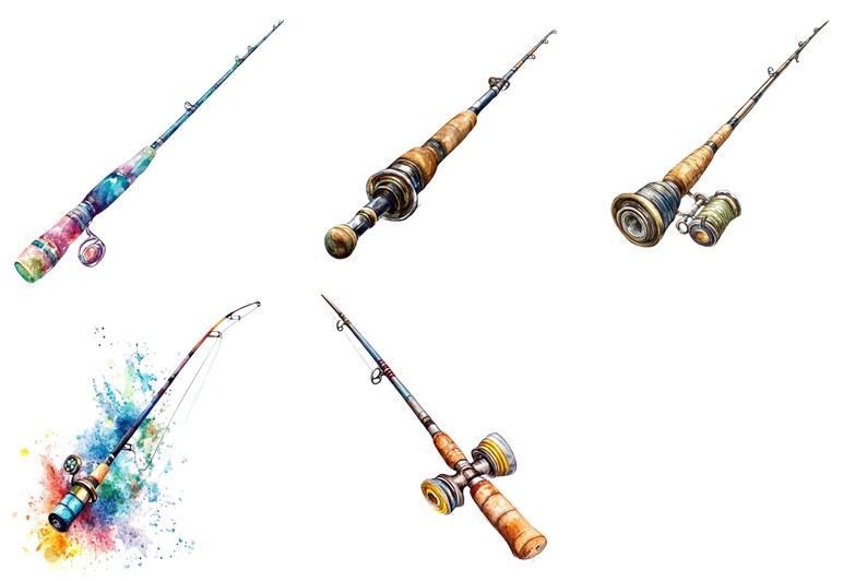 Watercolor Fishing Rod Clipart, Fishing Rod Png Bundle, Clip Art, Rod ...