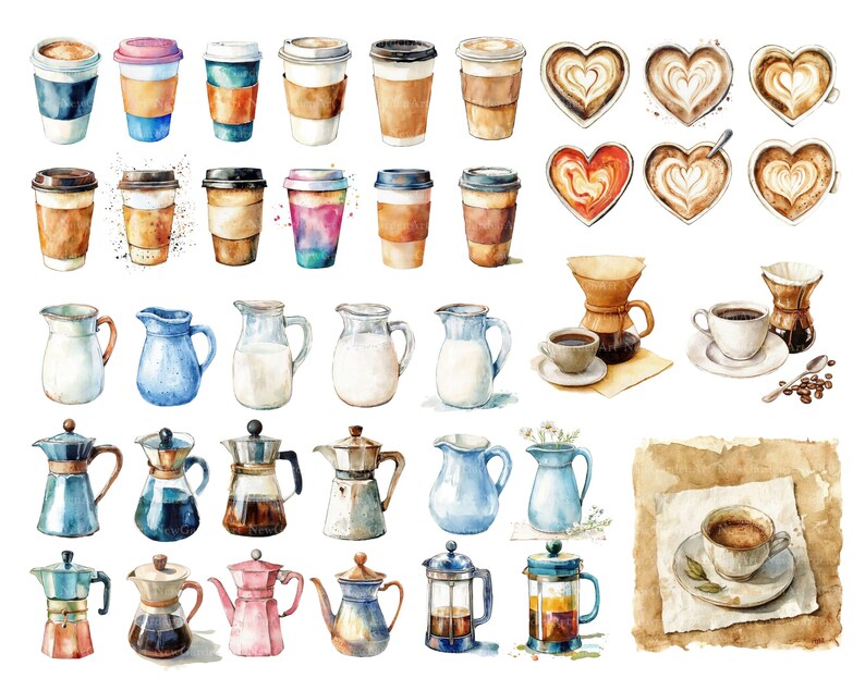 Watercolor Coffee Clipart Bundle, Coffee Png, Illustration, Latte Art ...