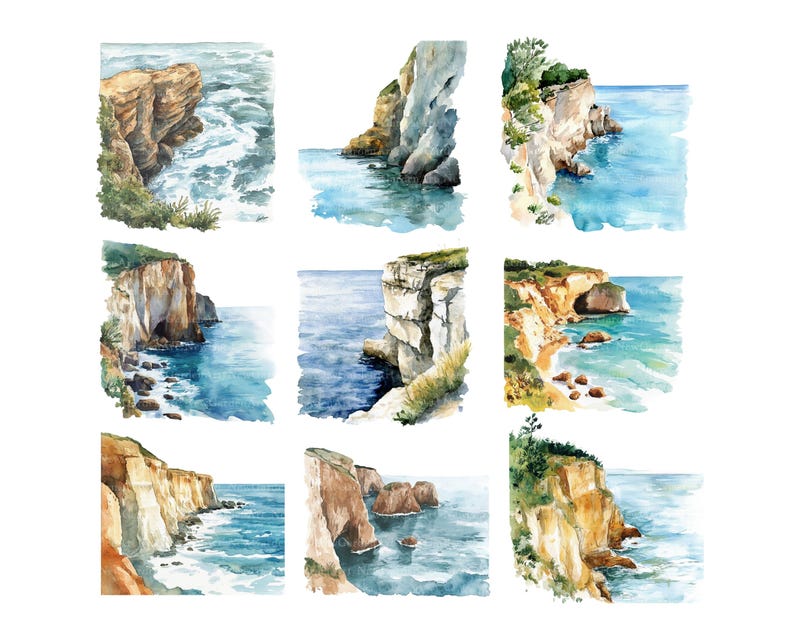 Watercolor Coastal Cliff Clipart Bundle, Coastal Cliff Landscape Png ...