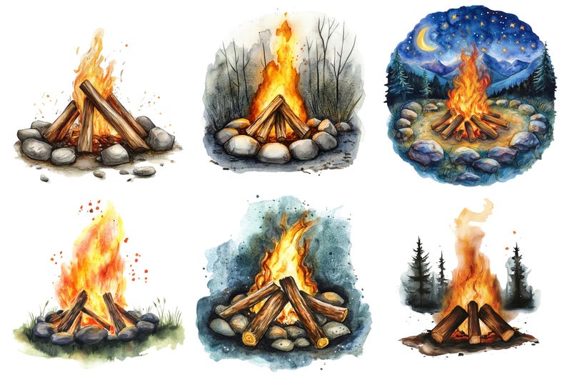 Watercolor Campfire Clipart, Campfire Png Bundle, Camping Clip Art ...