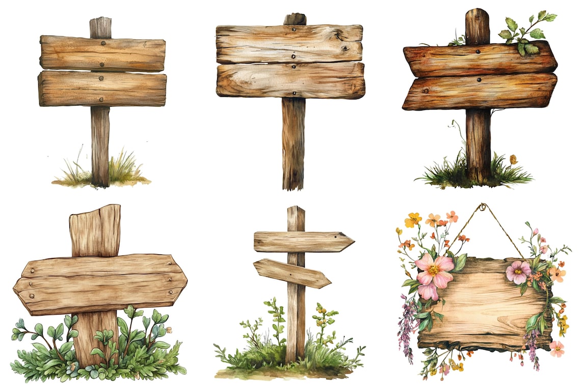 Watercolor Wood Sign Clipart, Png Bundle, Clip Art Illustration, Wooden ...