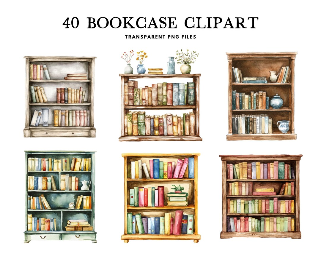 Watercolor Bookcase Clipart Bundle, Bookcase Png, Bookshelf Clip Art ...