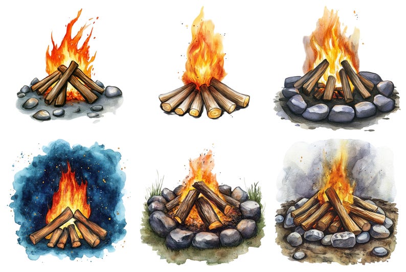 Watercolor Campfire Clipart, Campfire Png Bundle, Camping Clip Art ...