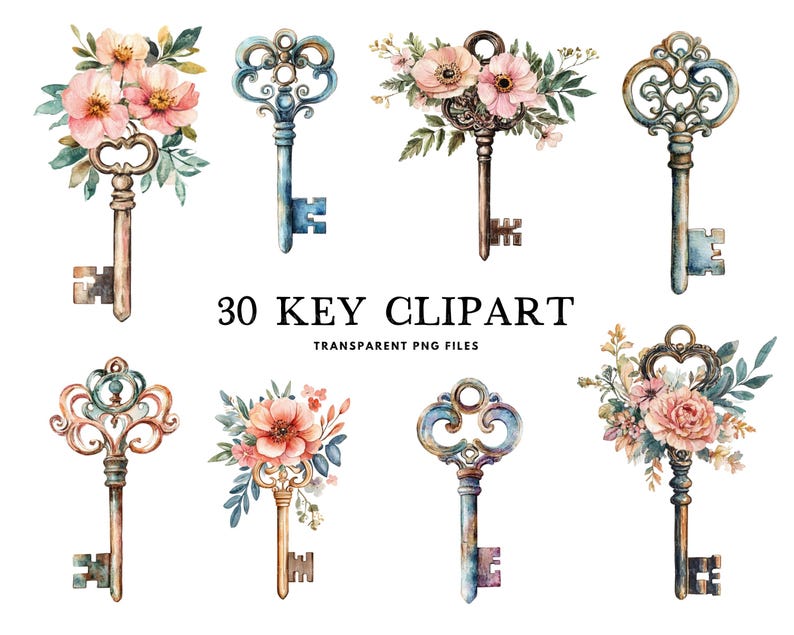 Watercolor Key Clipart Bundle, Floral Key Png, Vintage Key Clip Art ...