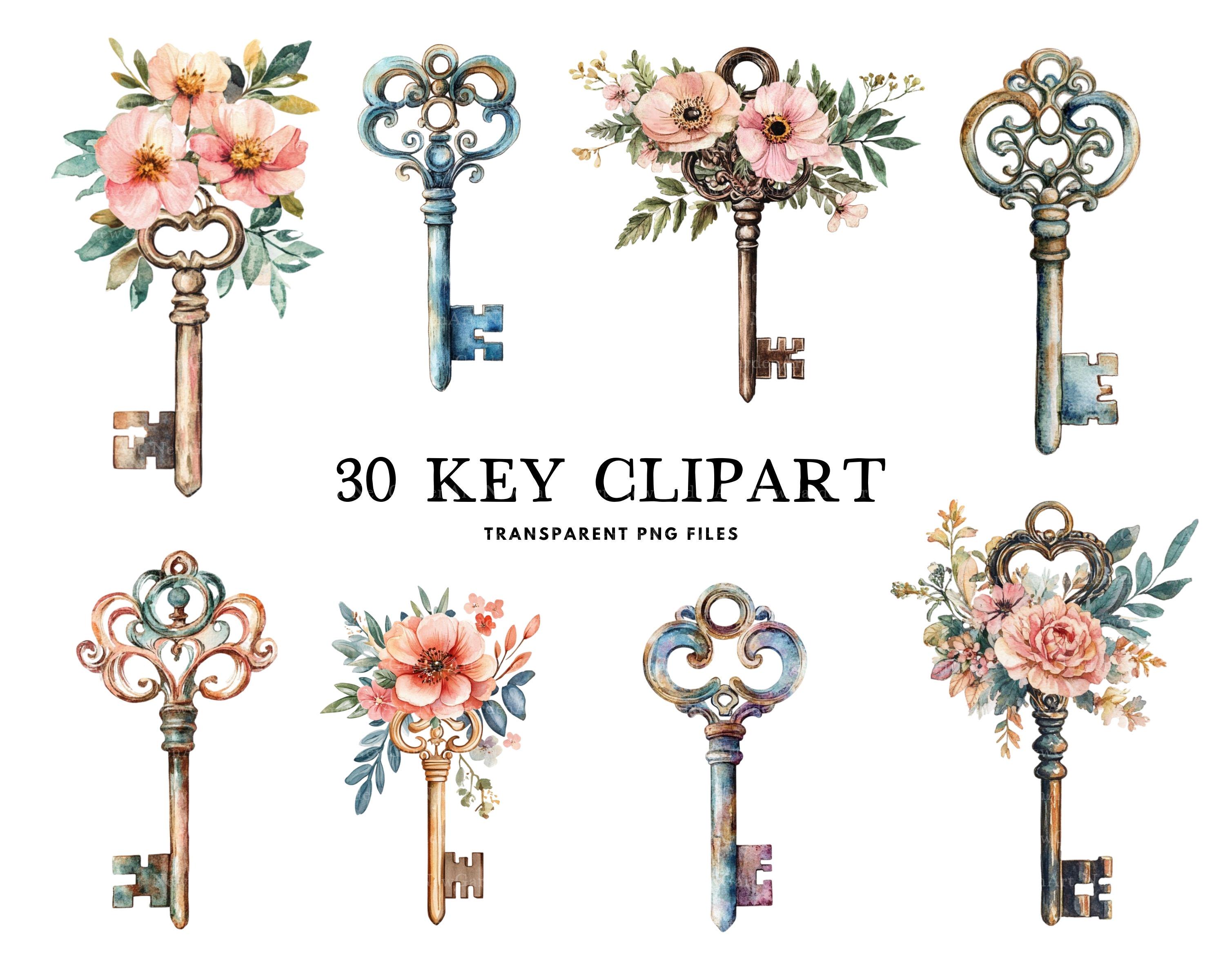 Watercolor Key Clipart Bundle, Floral Key Png, Vintage Key Clip Art ...