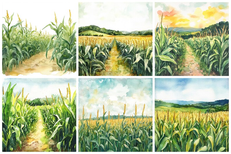 Watercolor Corn Field Landscape Clipart Bundle, Png Clip Art ...