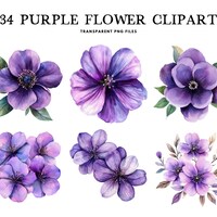 Purple Floral Clipart, Purple and Silver Watercolour Line Art Flowers ...