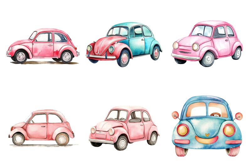 Watercolor Cute Car Clipart Bundle, Cartoon Car Png, Car Clip Art, Cute ...