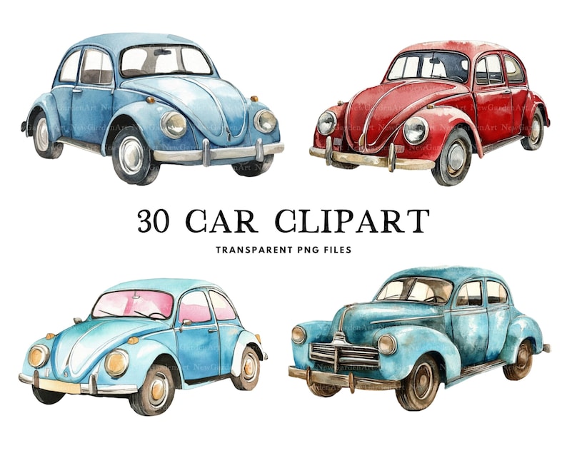 Watercolor Car Clipart Bundle, Car Png, Vintage Car Clip Art, Retro Car ...