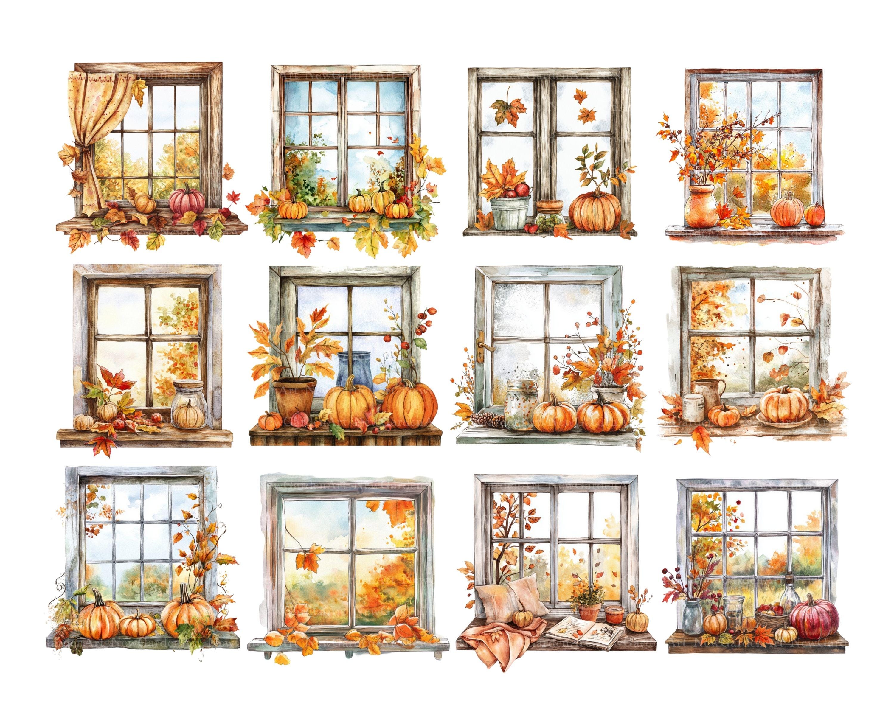 Watercolor Autumn Window Clipart Bundle, Fall Window Scene Png ...