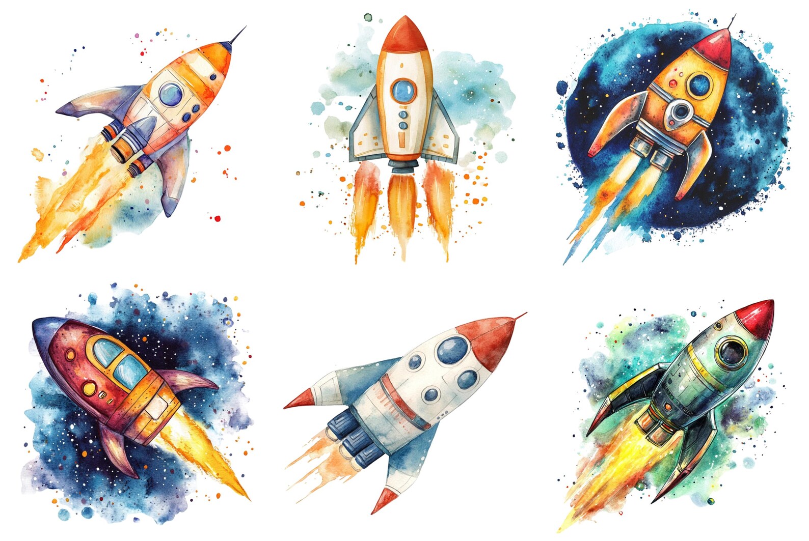 Watercolor Spaceship Clipart, Png Bundle, Rocket Ship Clip Art, Space ...