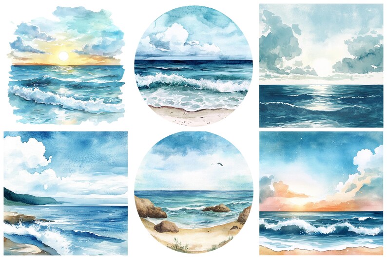 Watercolor Ocean Clipart, Png Bundle, Sea Clip Art, Landscape ...