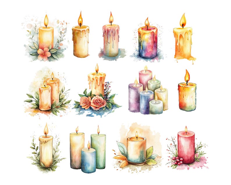 Watercolor Candle Clipart Bundle, Floral Candle Png Illustration ...