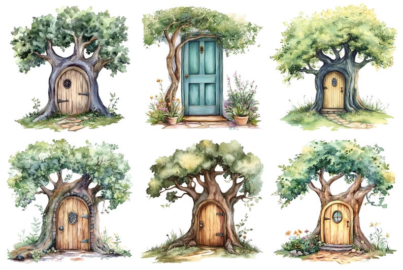Watercolor Tree Door Clipart, Png Bundle, Clip Art Illustration, Garden ...