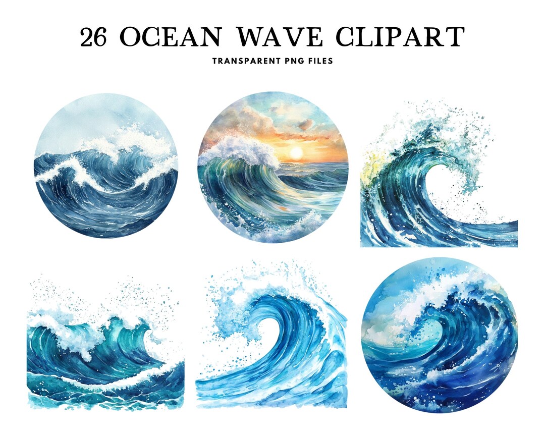 Watercolor Ocean Wave Clipart Bundle, Ocean Wave Png, Sea Clip Art ...