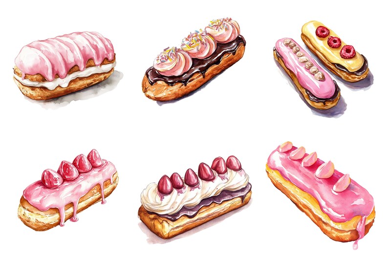 Watercolor Eclair Clipart Bundle, Eclair Png, Éclair Clip Art, French ...