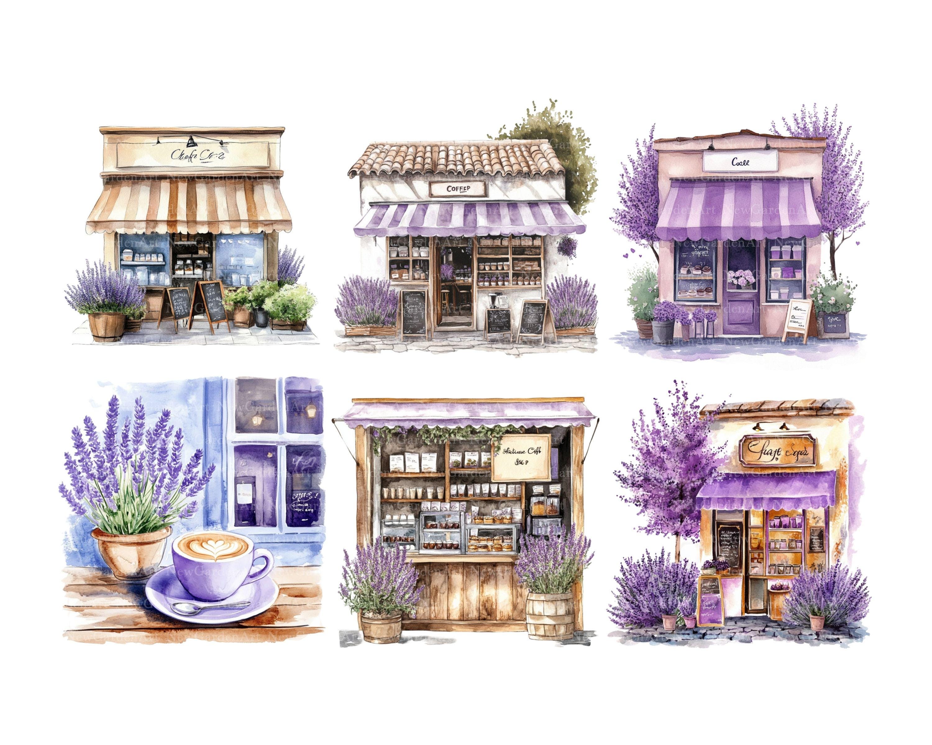Watercolor Lavender Coffee Shop Clipart Bundle, Coffee Shop Png, Cafe ...