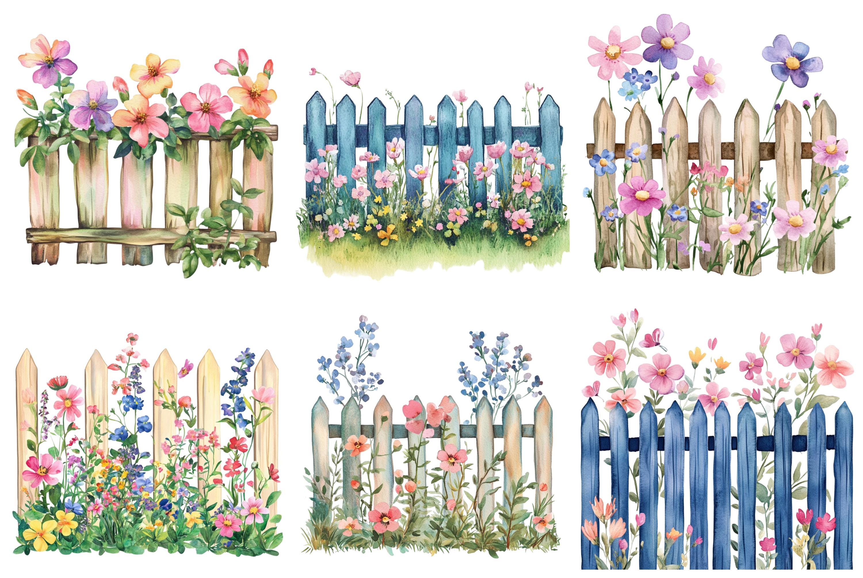 Watercolor Floral Fence Clipart, Floral Fence Png Bundle, Fence Clip ...