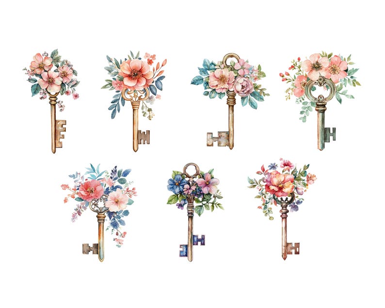 Watercolor Key Clipart Bundle, Floral Key Png, Vintage Key Clip Art ...