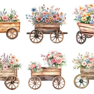 Watercolor Floral Wooden Cart Clipart, Png Bundle, Clip Art, Rustic ...