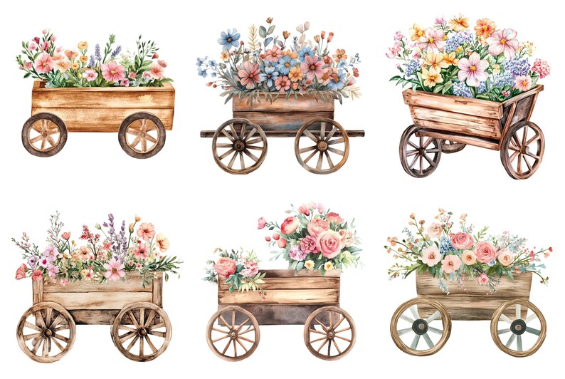 Watercolor Floral Wooden Cart Clipart, Png Bundle, Clip Art, Rustic ...